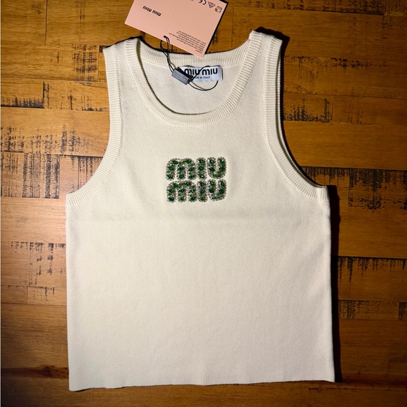 Miu Miu | Tops | Miu Miu Cream Tank With Green Logo Size Medium | Poshmark